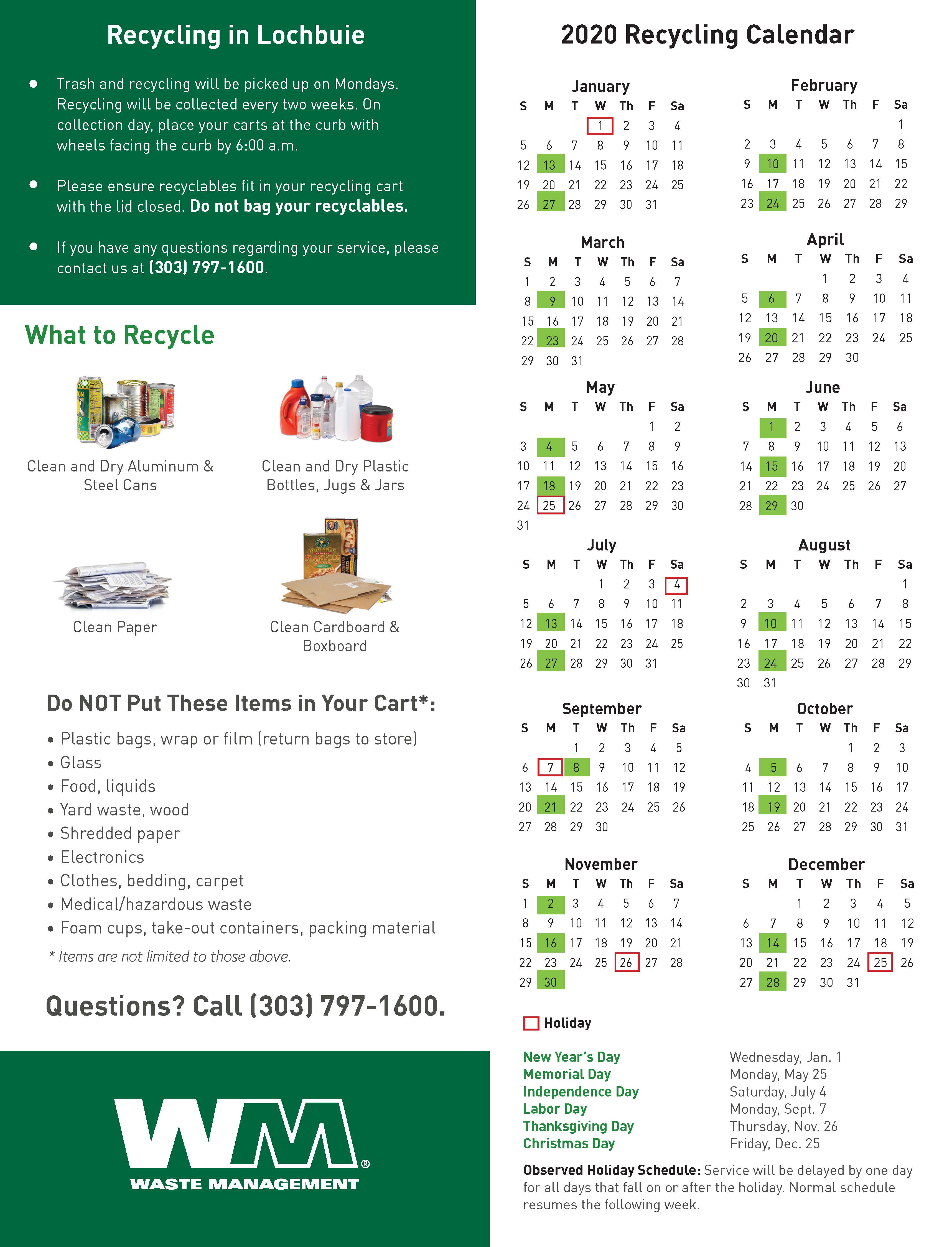 Waste Management 2020 Calendar | Lochbuie, CO